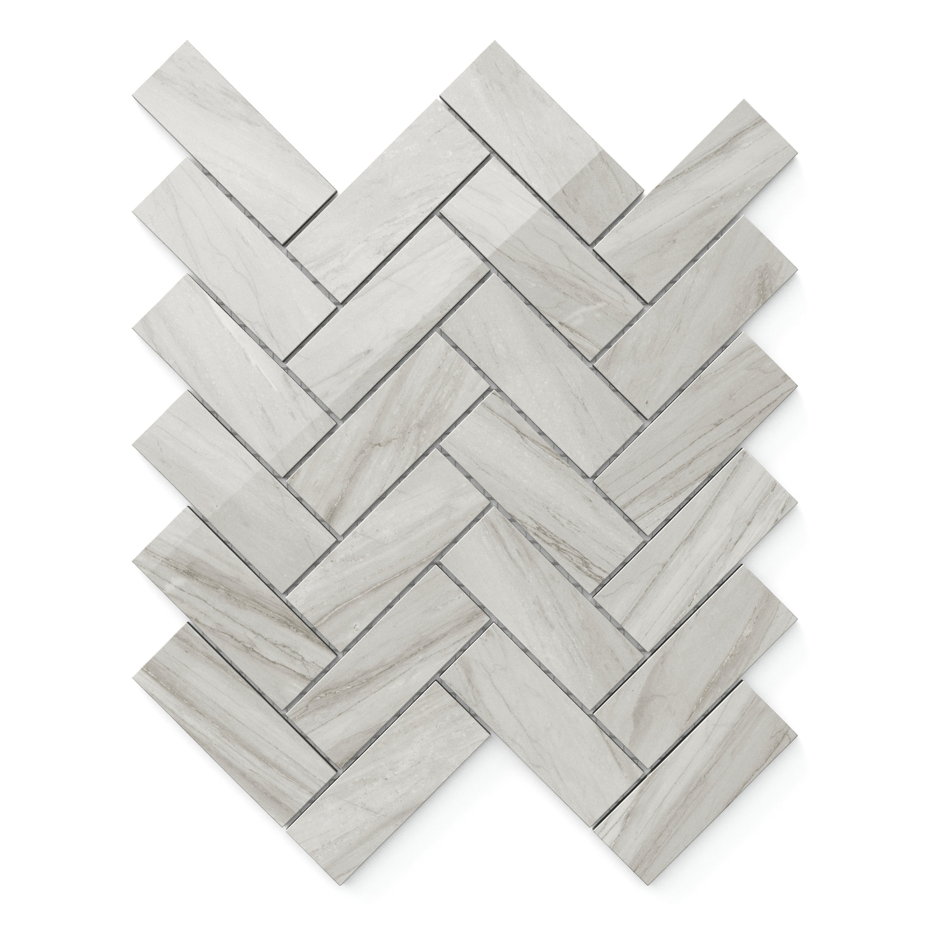 Chantel 12x15 Polished Porcelain Herringbone Mosaic Tile in Alaska Gre