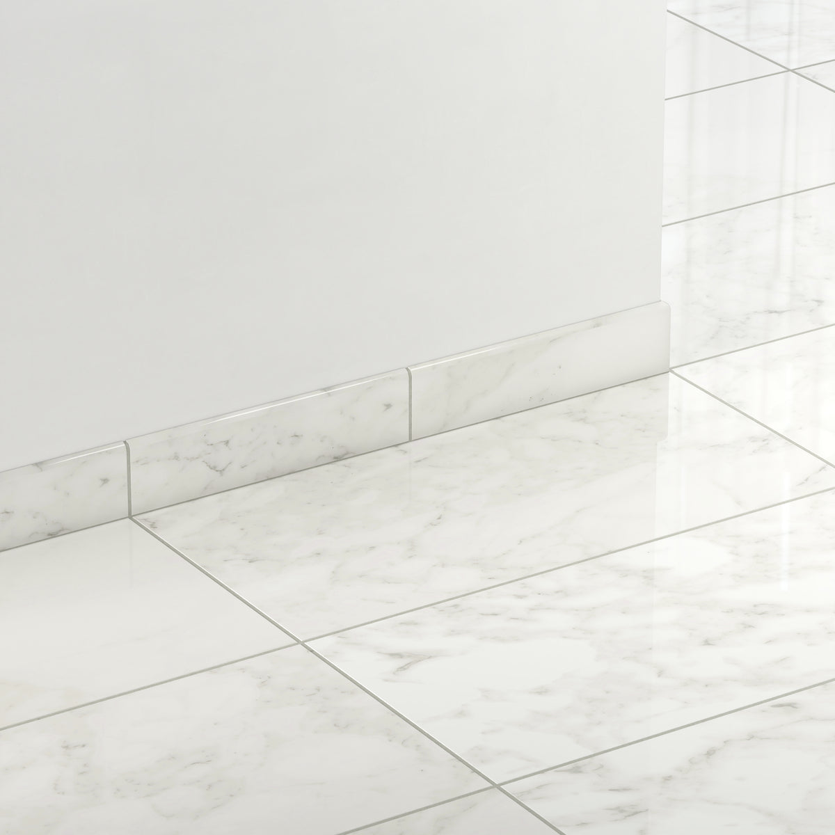 Aniston 3x12 Polished Porcelain Bullnose Tile in Carrara Bianco