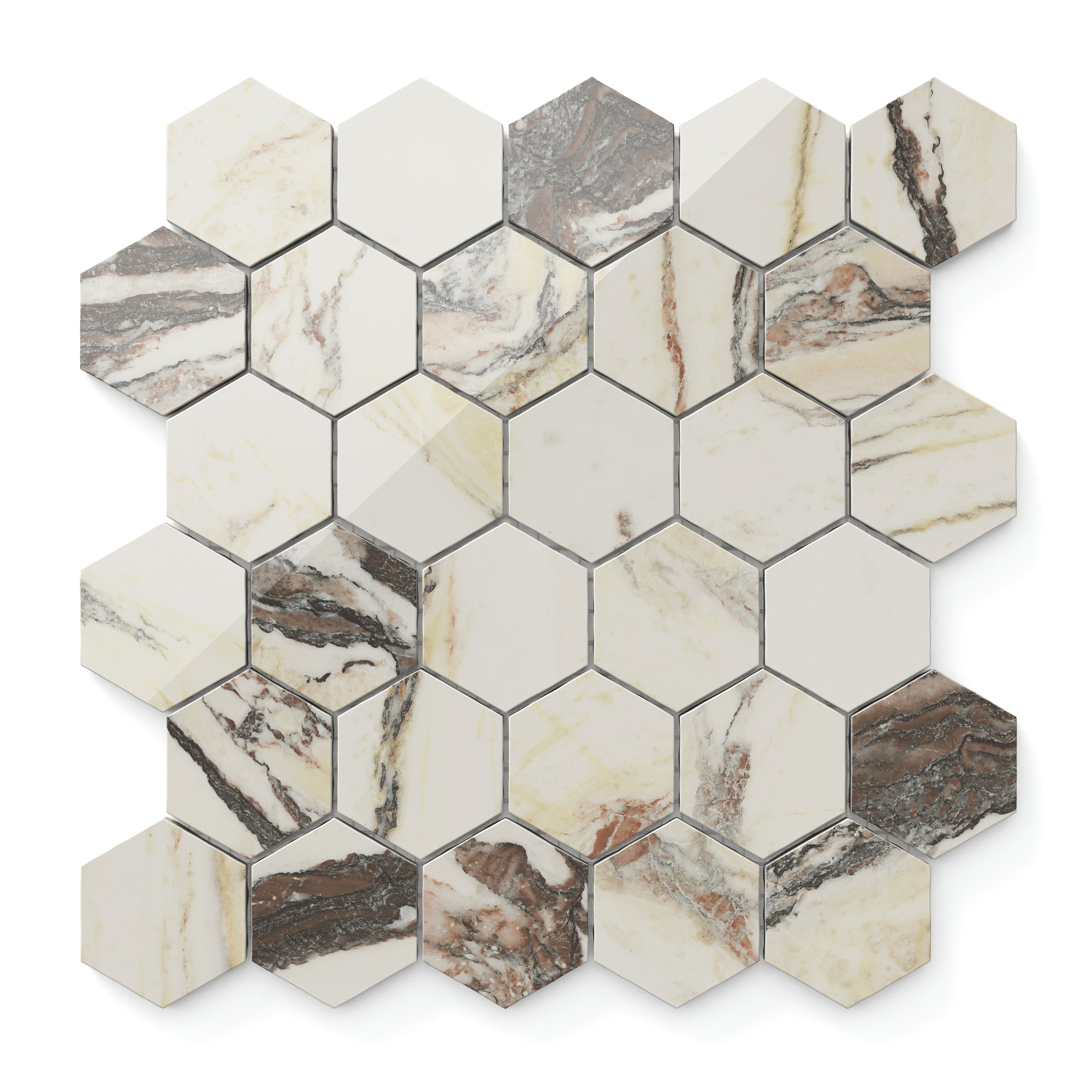 Aniston 2x2 Polished Porcelain Hexagon Mosaic Tile in Calacatta Viola