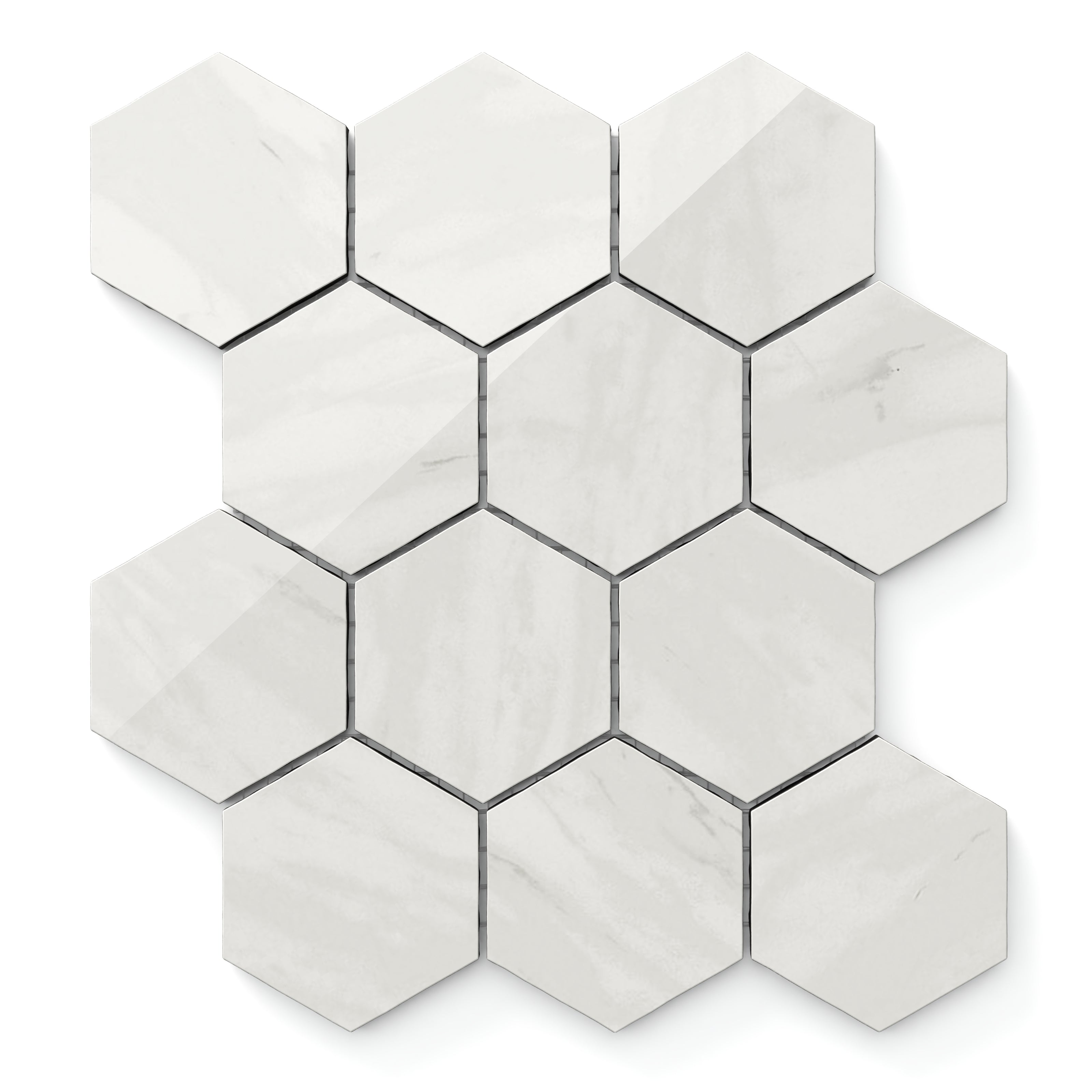 Blair 3x3 Polished Porcelain Hexagon Mosaic Tile in Volakas White