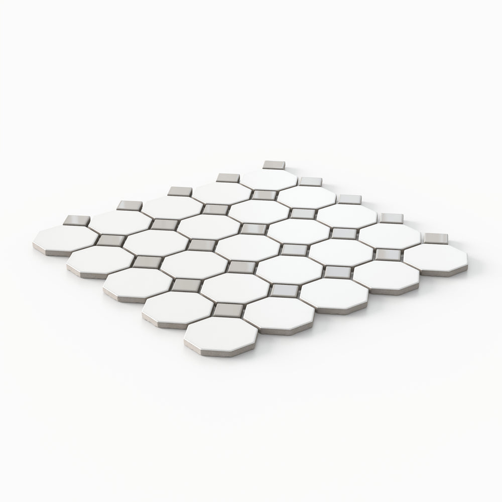 Quinn 12x12 Matte Porcelain Octagon Mosaic Tile in Grey & White