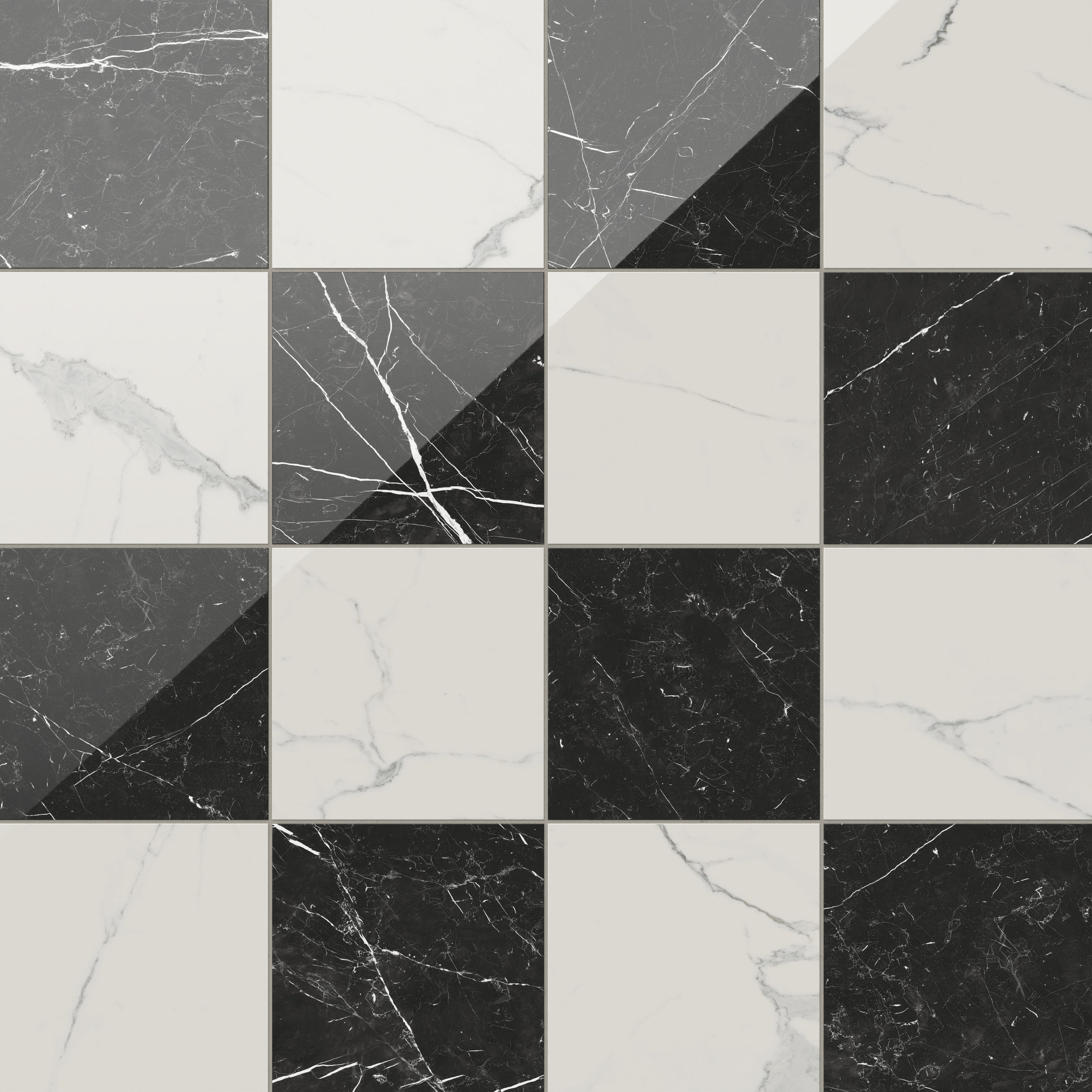 Leona 12x12 Checkerboard Polished Porcelain Tile in Calacatta and Nero ...