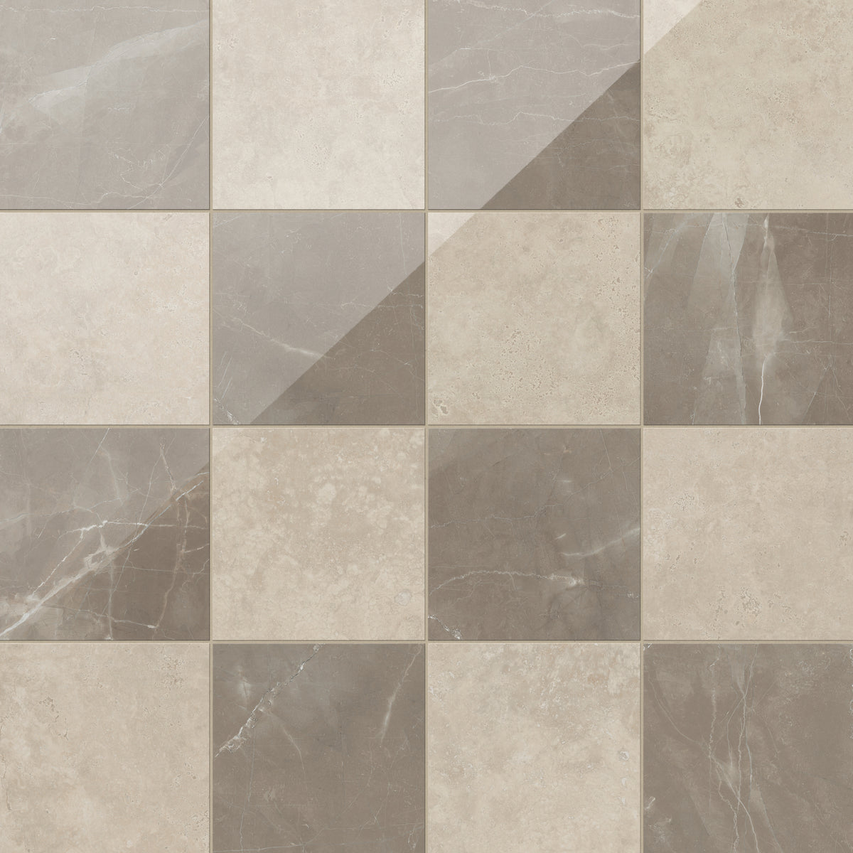 Leona 12x12 Checkerboard Polished Porcelain Tile in Marfil and Amani B