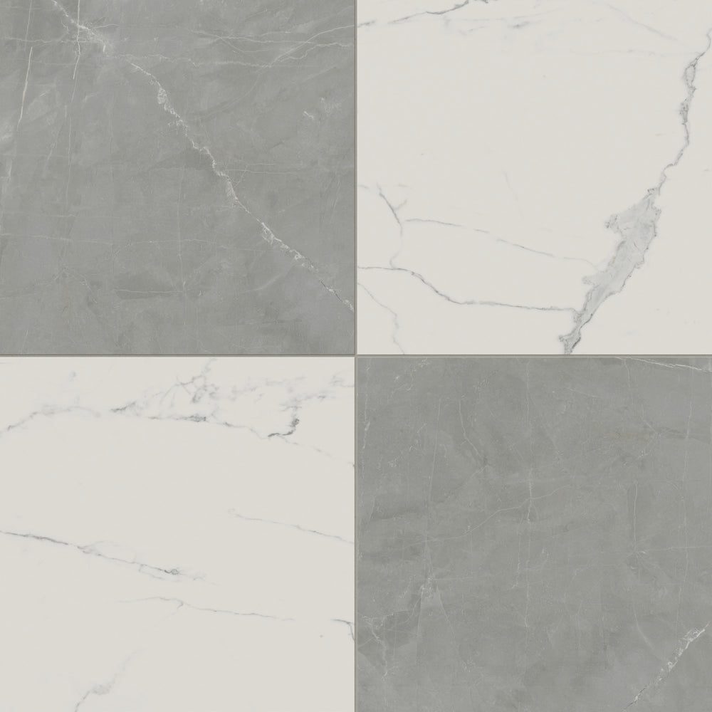 Leona 24x24 Checkerboard Matte Porcelain Tile in Calacatta and Amani Grey