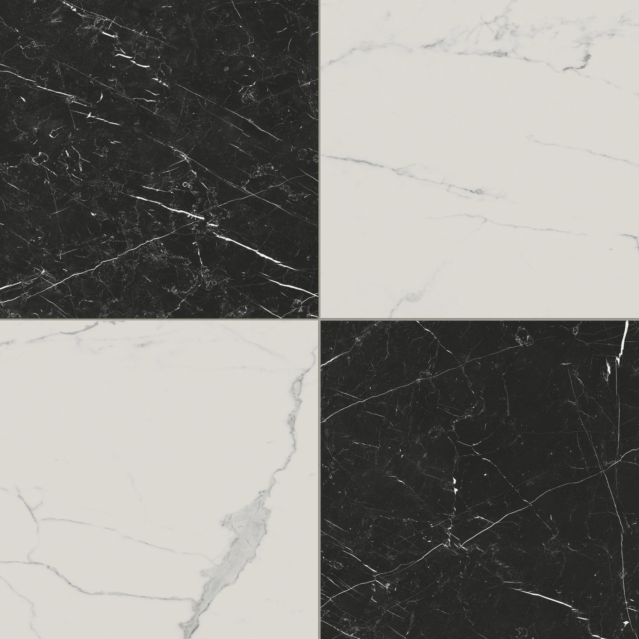Leona 24x24 Checkerboard Matte Porcelain Tile in Calacatta and Nero Ma