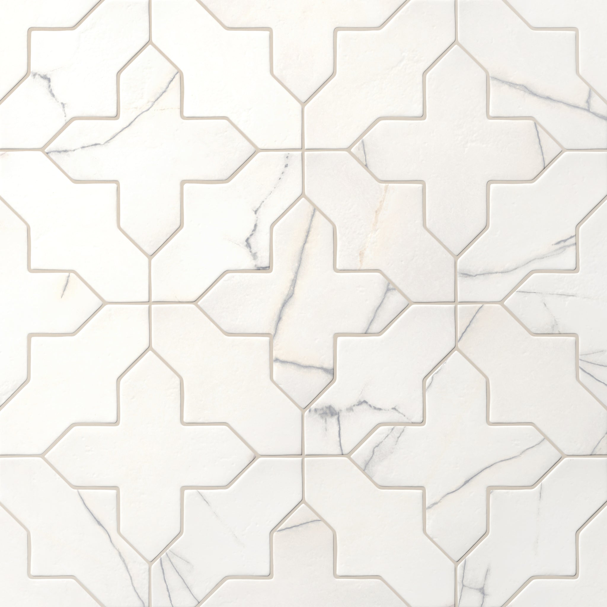 Aslan 8x8 Porcelain Tile Templar Shield in Calacatta and Cross in Calacatta