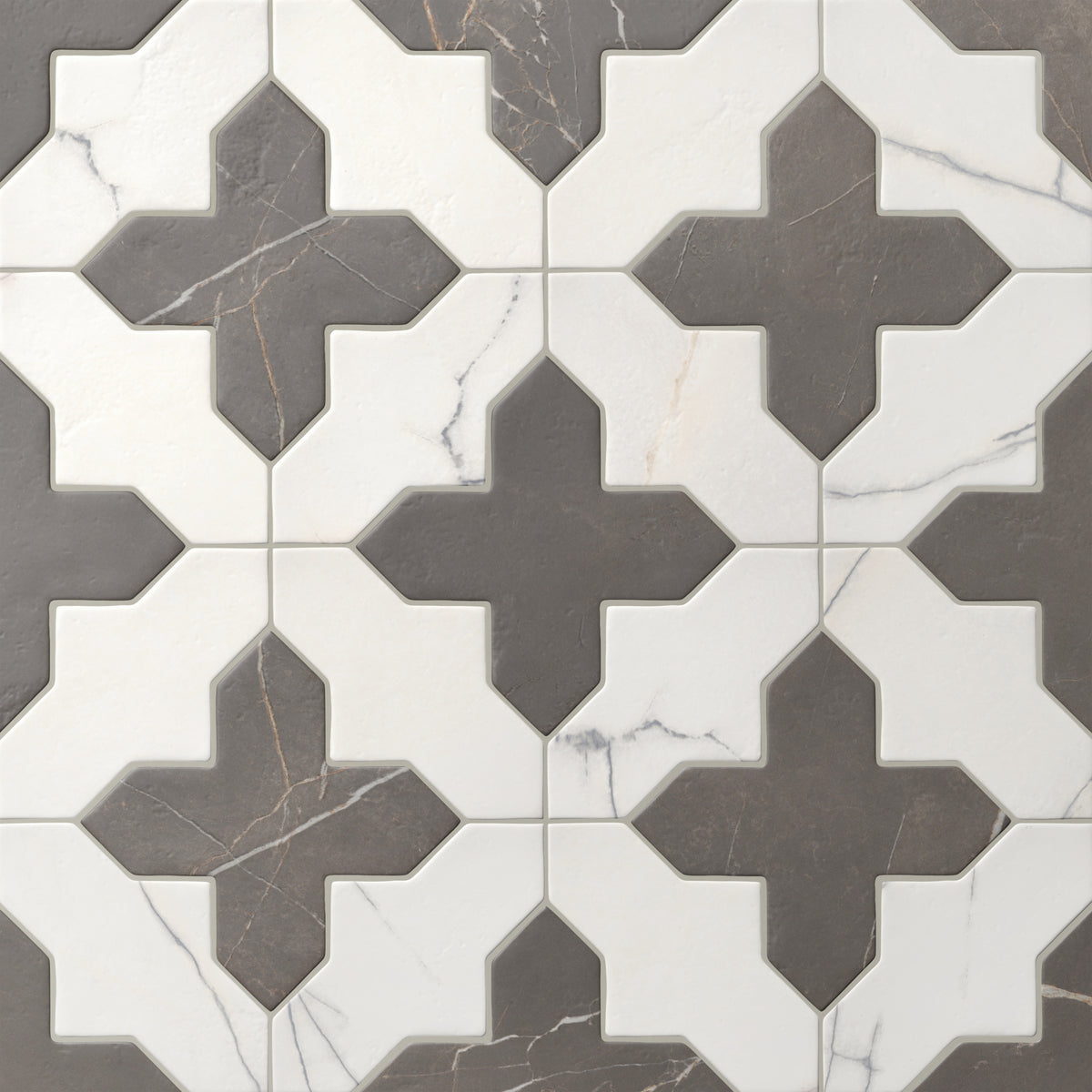 Aslan 8x8 Porcelain Tile Templar Shield in Calacatta and Cross in Imperial