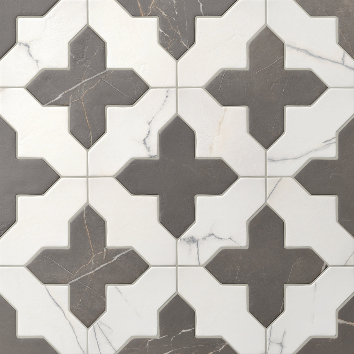 Aslan 8x8 Porcelain Tile Templar Shield in Calacatta and Cross in Imperial