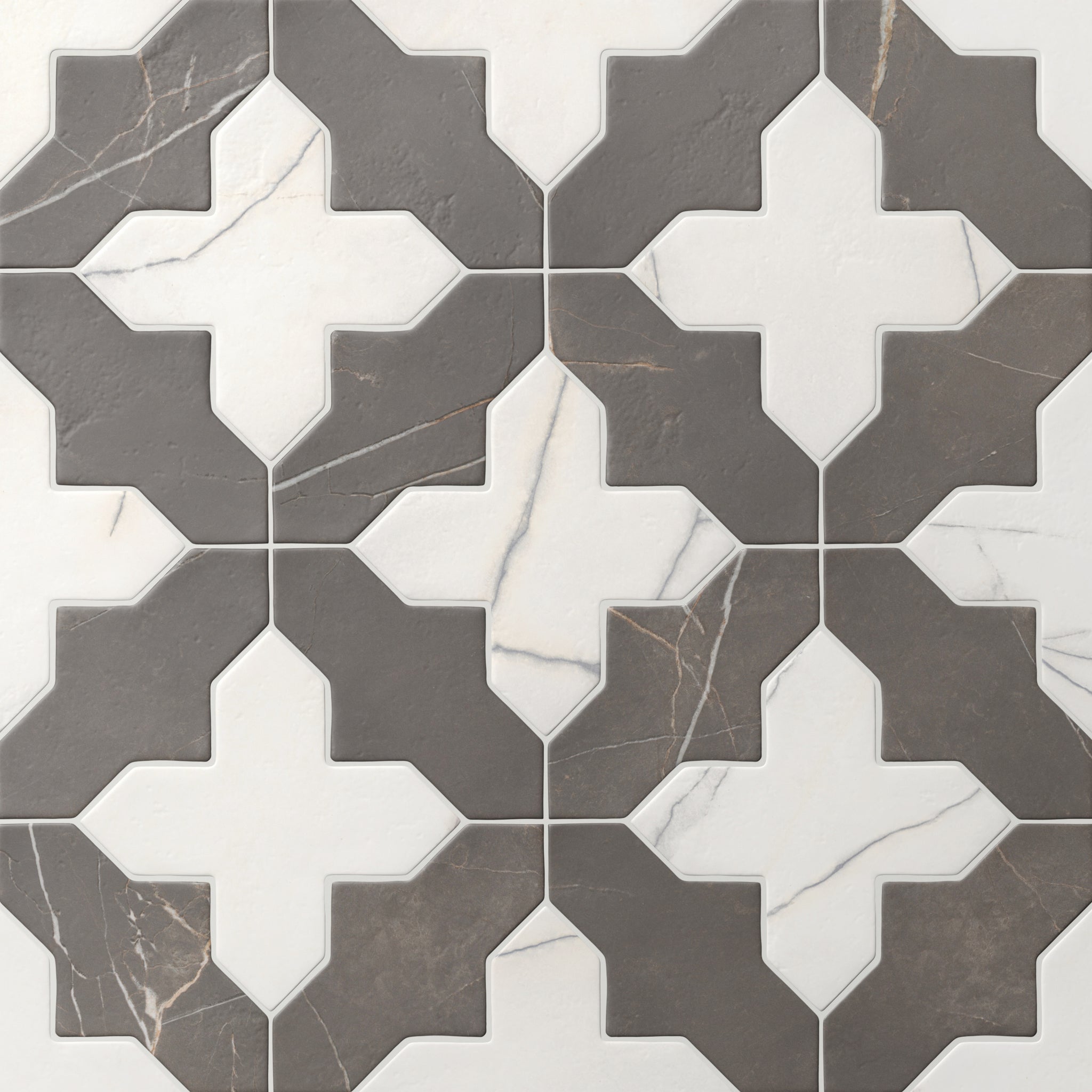 Aslan 8x8 Porcelain Tile Templar Shield in Imperial and Cross in Calacatta