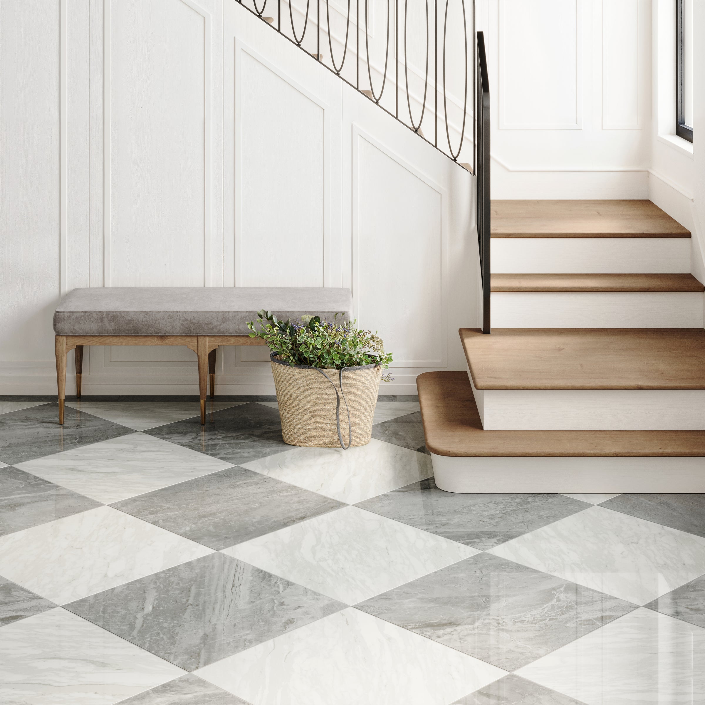 Blair 24x24 Checkerboard Polished Porcelain Tile in Oniciata Grey and ...