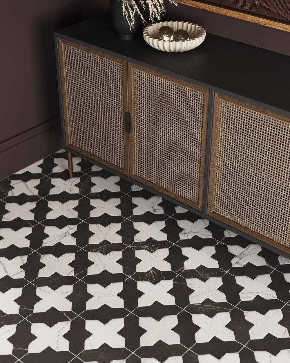 Aslan 8x8 Porcelain Tile Templar Shield in Imperial and Cross in Calacatta