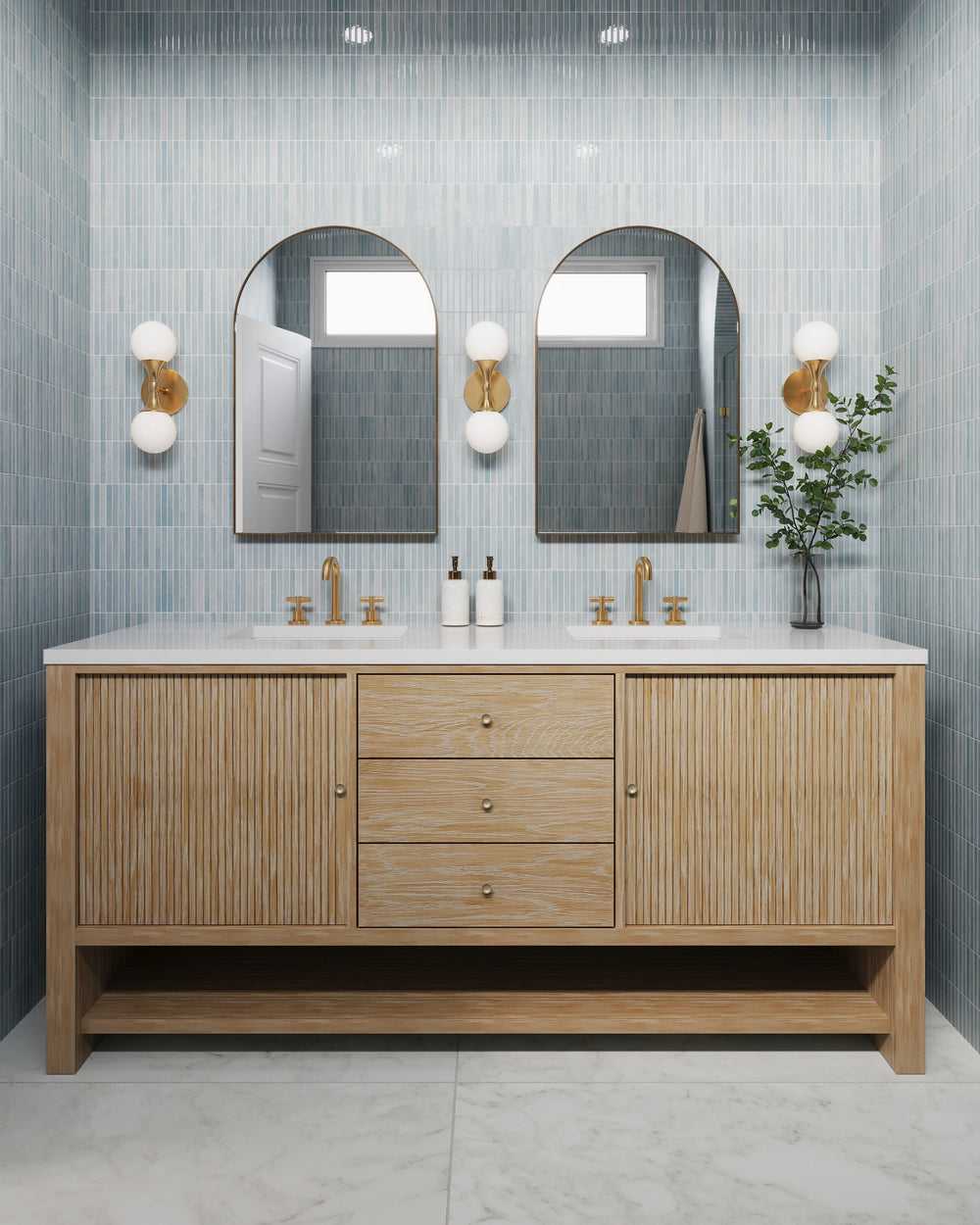 Holly 72" Double Vanity in Sunwashed Oak with 3 cm White Zeus Quartz T
